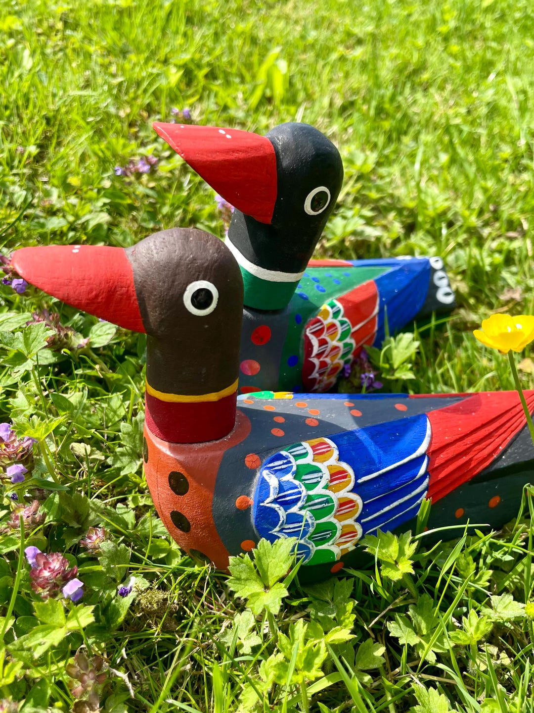 Wooden Ducks Hand Painted Multi Coloured Dotted Pattern Contemporary ...