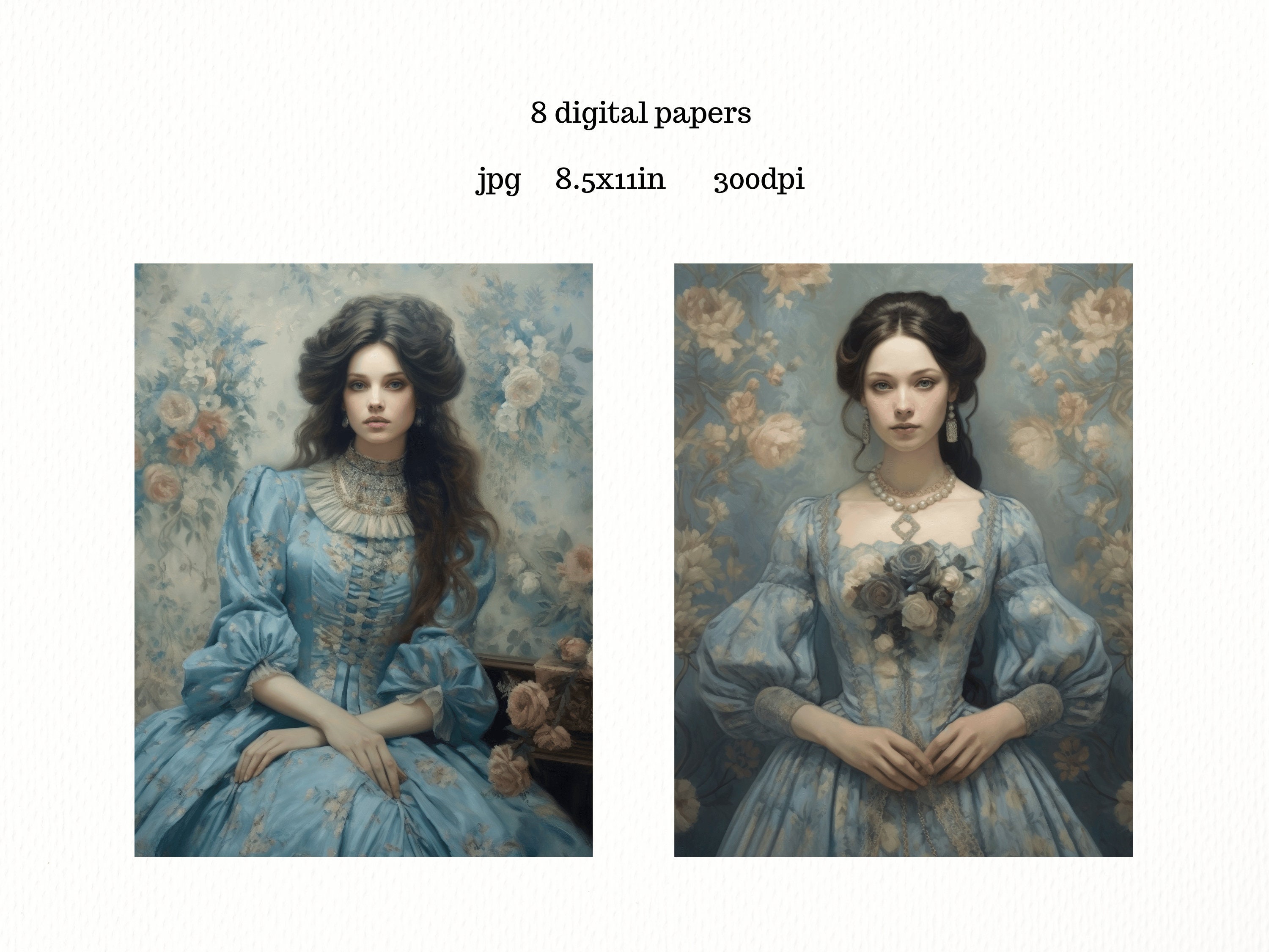 Victorian Woman in Blue Floral Digital Paper Journaling Papers ...
