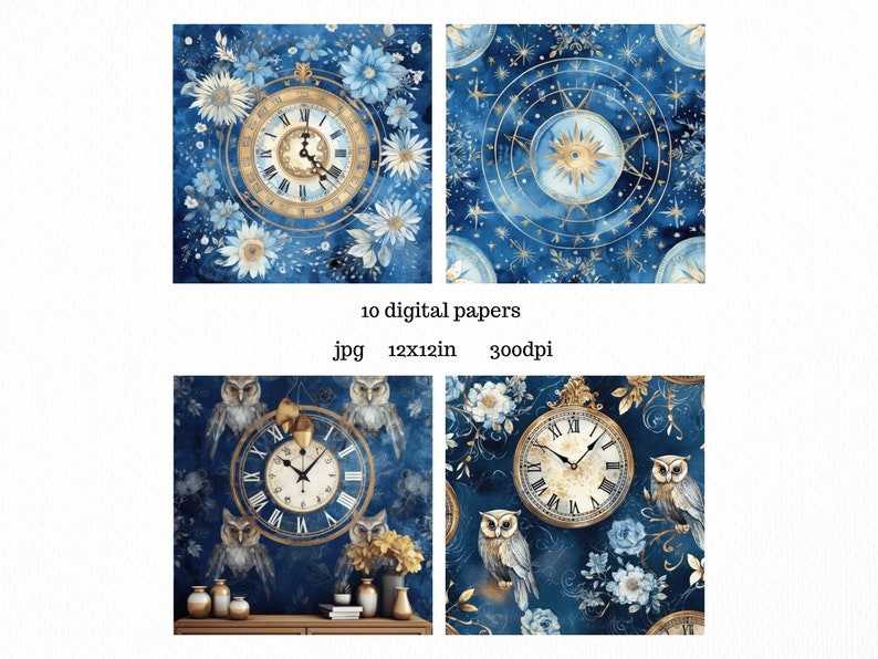 Magical Clock Floral Digital Paper - Magical Blue Background - Blue ...