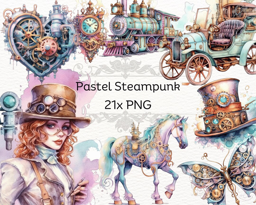 Pastel Steampunk Watercolor Clipart, Printable Victorian Era Art Print ...