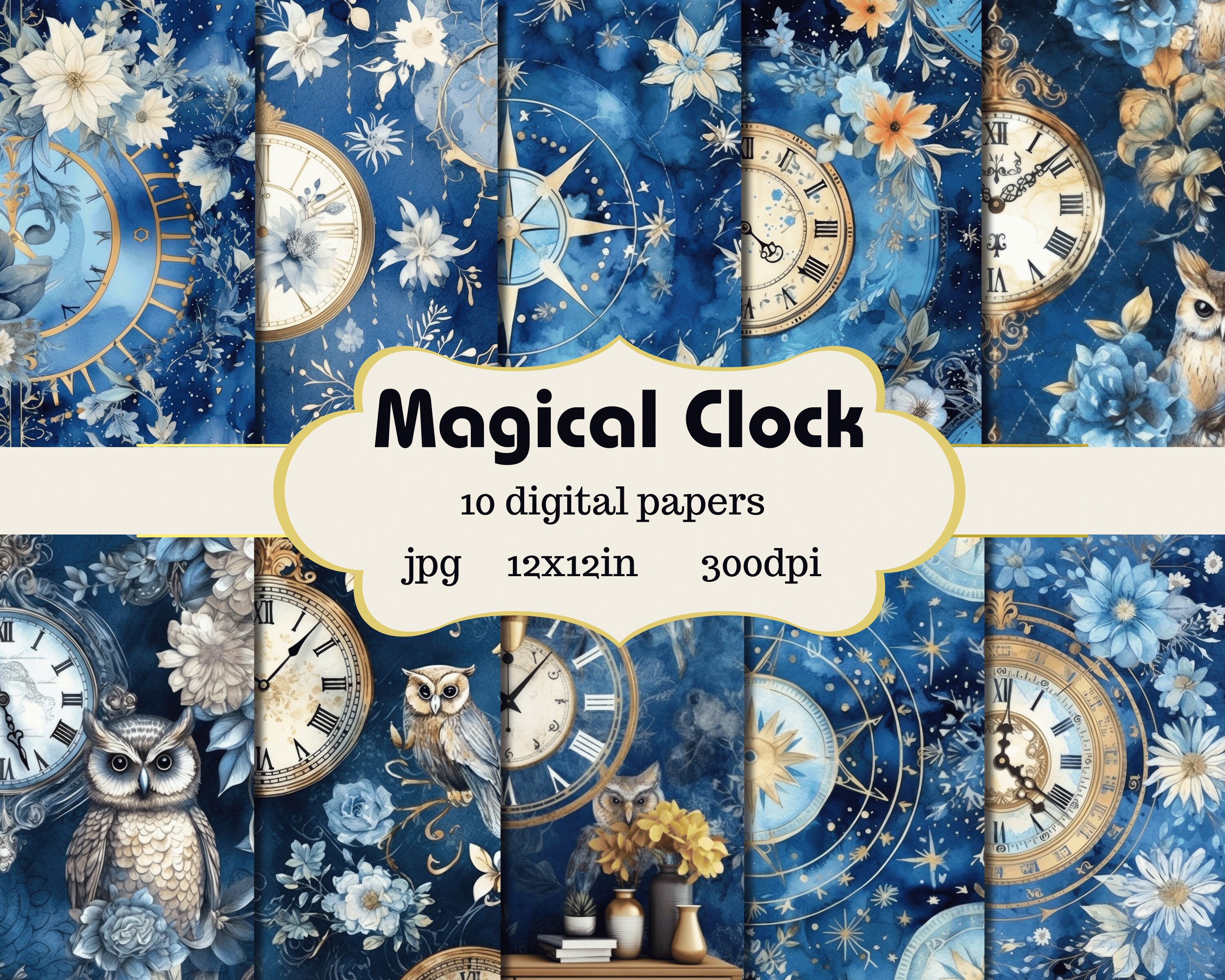 Magical Clock Floral Digital Paper - Magical Blue Background - Blue ...