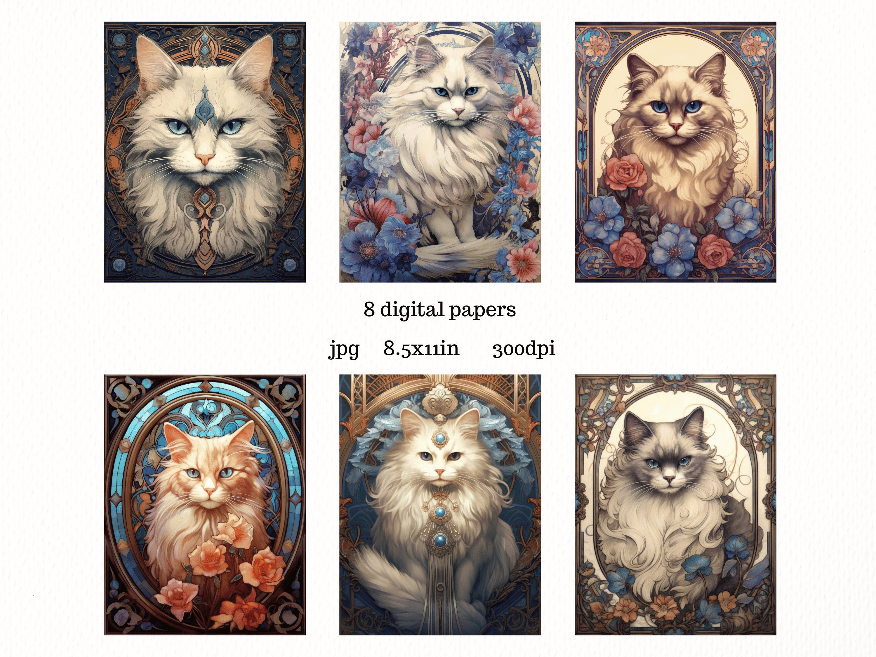 Art Nouveau Ragdoll Cats Digital Paper Journaling Papers Printable ...