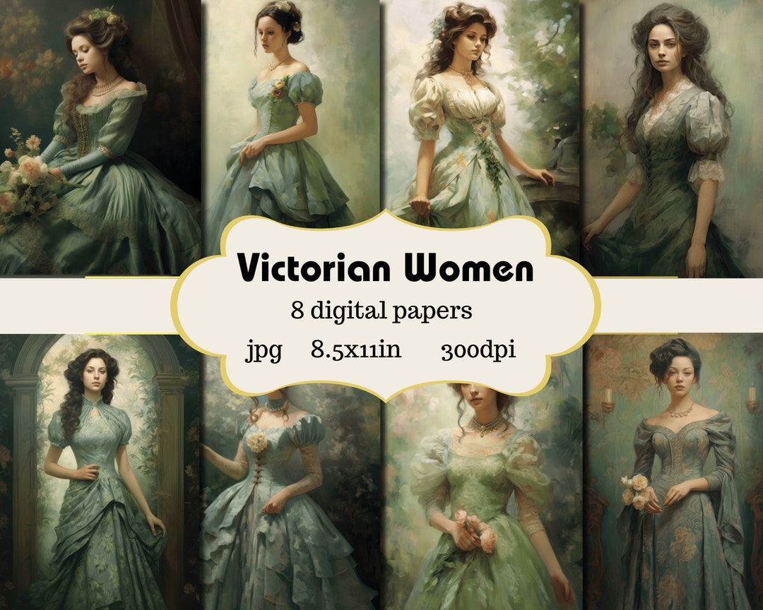 Victorian Woman in Green Floral Digital Paper - Journaling Papers ...