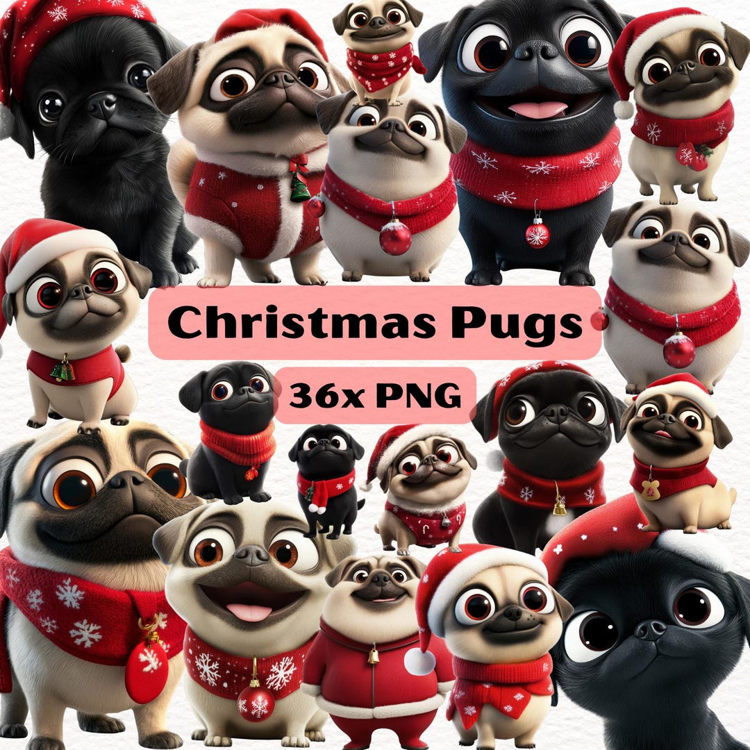 Adorable Christmas Pugs Clipart Bundle Cute Holiday Dog Illustrations ...