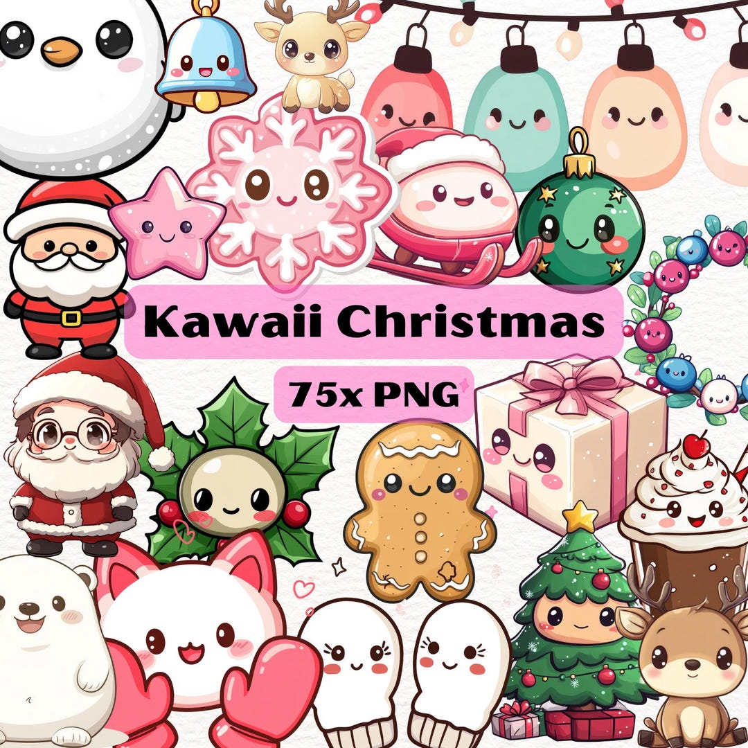 Kawaii Christmas Clipart, Printable Kawaii Cute Art, Kawaii Print, Cute ...