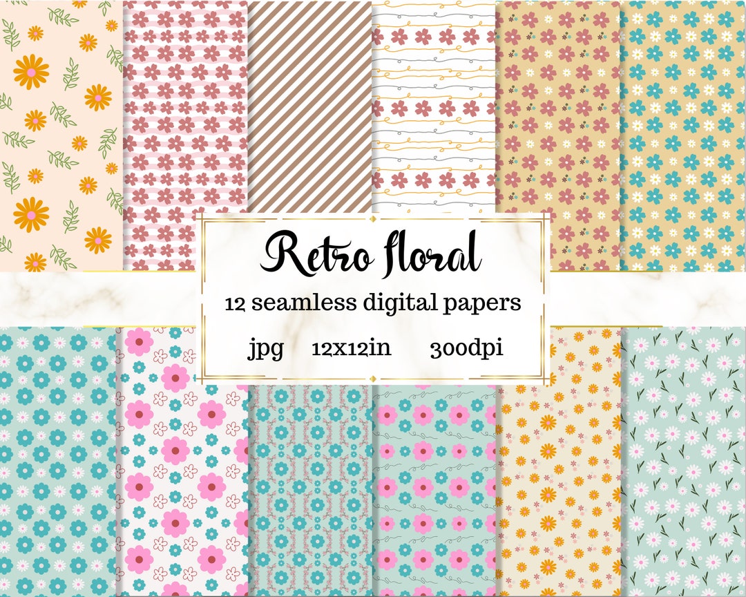 Floral Retro Seamless Digital Papers - Printable Paper - Digital Paper ...