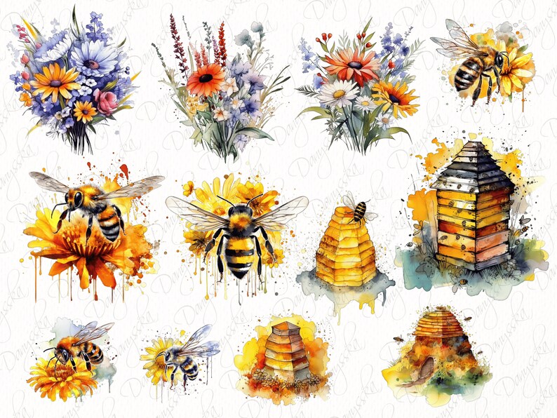 Watercolor Honey Bee Clipart, Bees and Flowers, Watercolor Bee ...