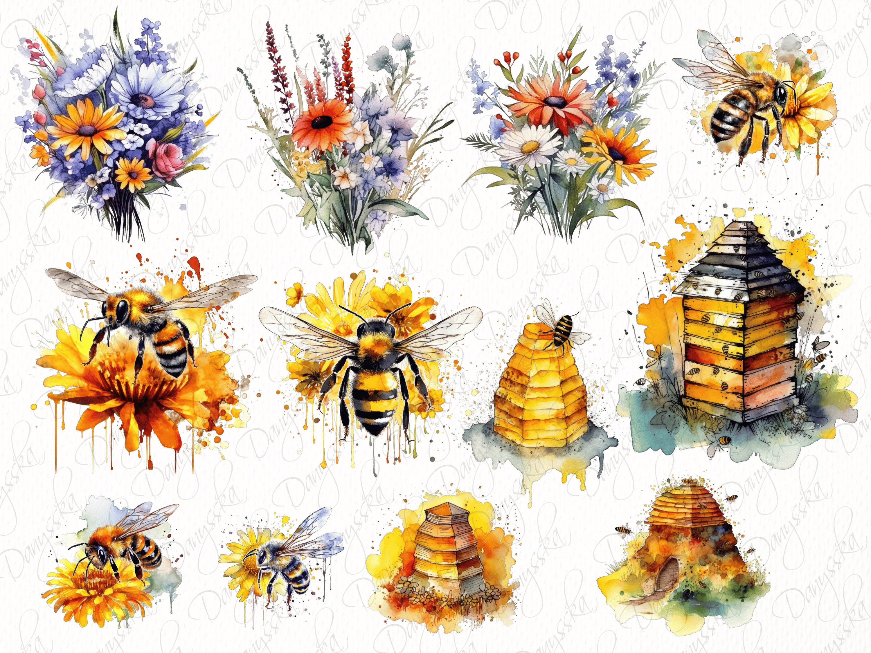 Watercolor Honey Bee Clipart, Bees and Flowers, Watercolor Bee ...