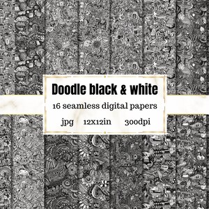 Doodle Black and White Seamless Digital Papers - Printable Paper ...