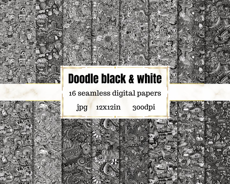 Doodle Black and White Seamless Digital Papers - Printable Paper ...