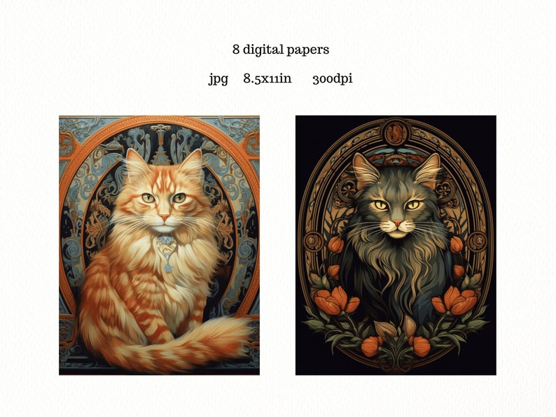 Art Nouveau Cats Digital Paper - Journaling Papers - Printable ...