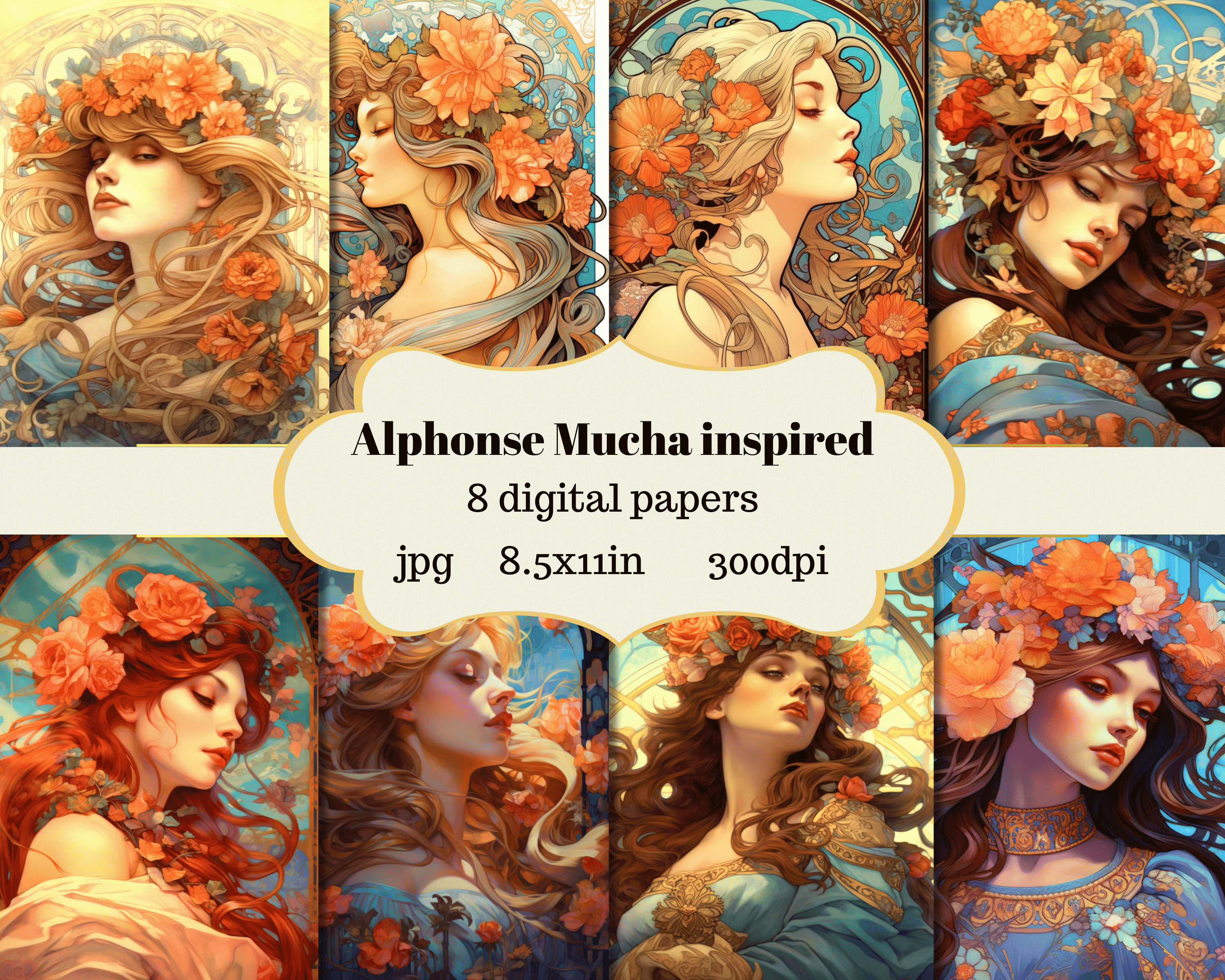 Alphonse Mucha Inspired Art Nouveau Digital Paper, Craft Paper ...