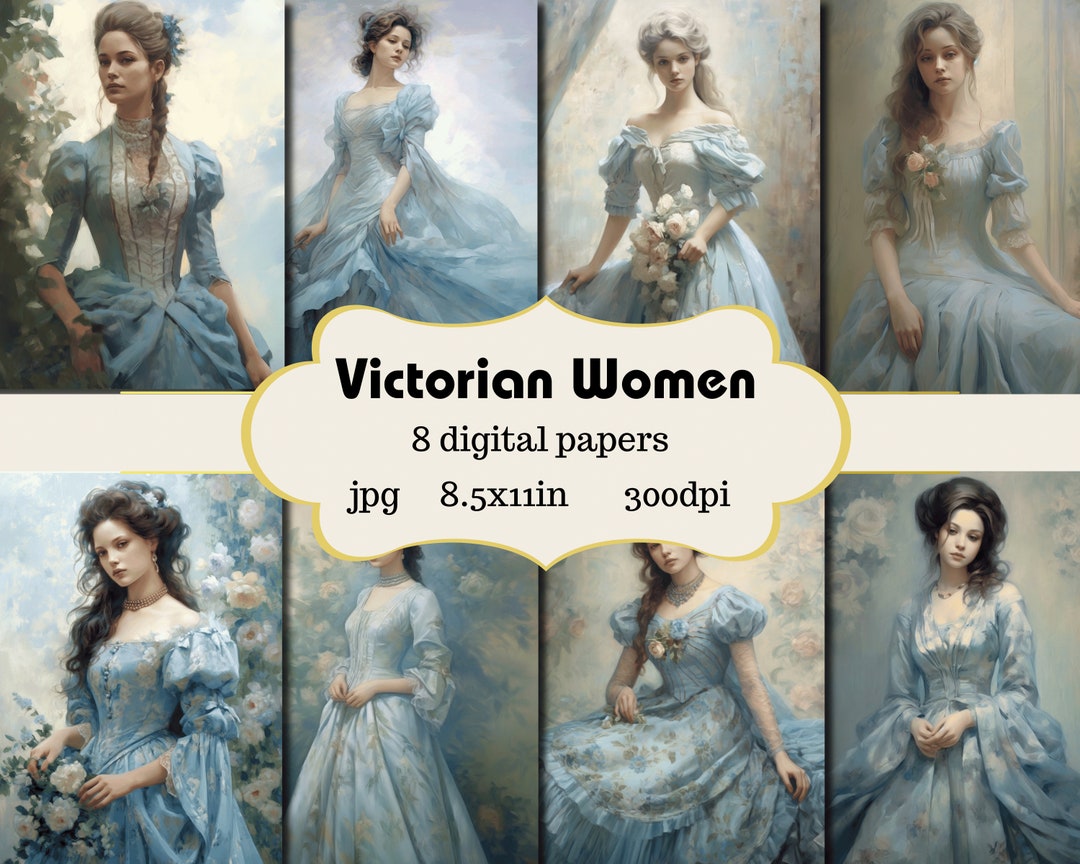 Victorian Woman in Blue Floral Digital Paper - Journaling Papers ...