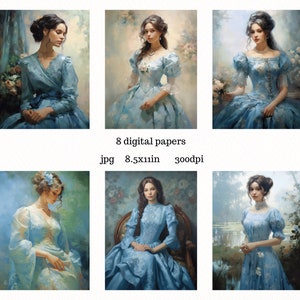 Victorian Woman in Blue Floral Digital Paper Journaling Papers ...
