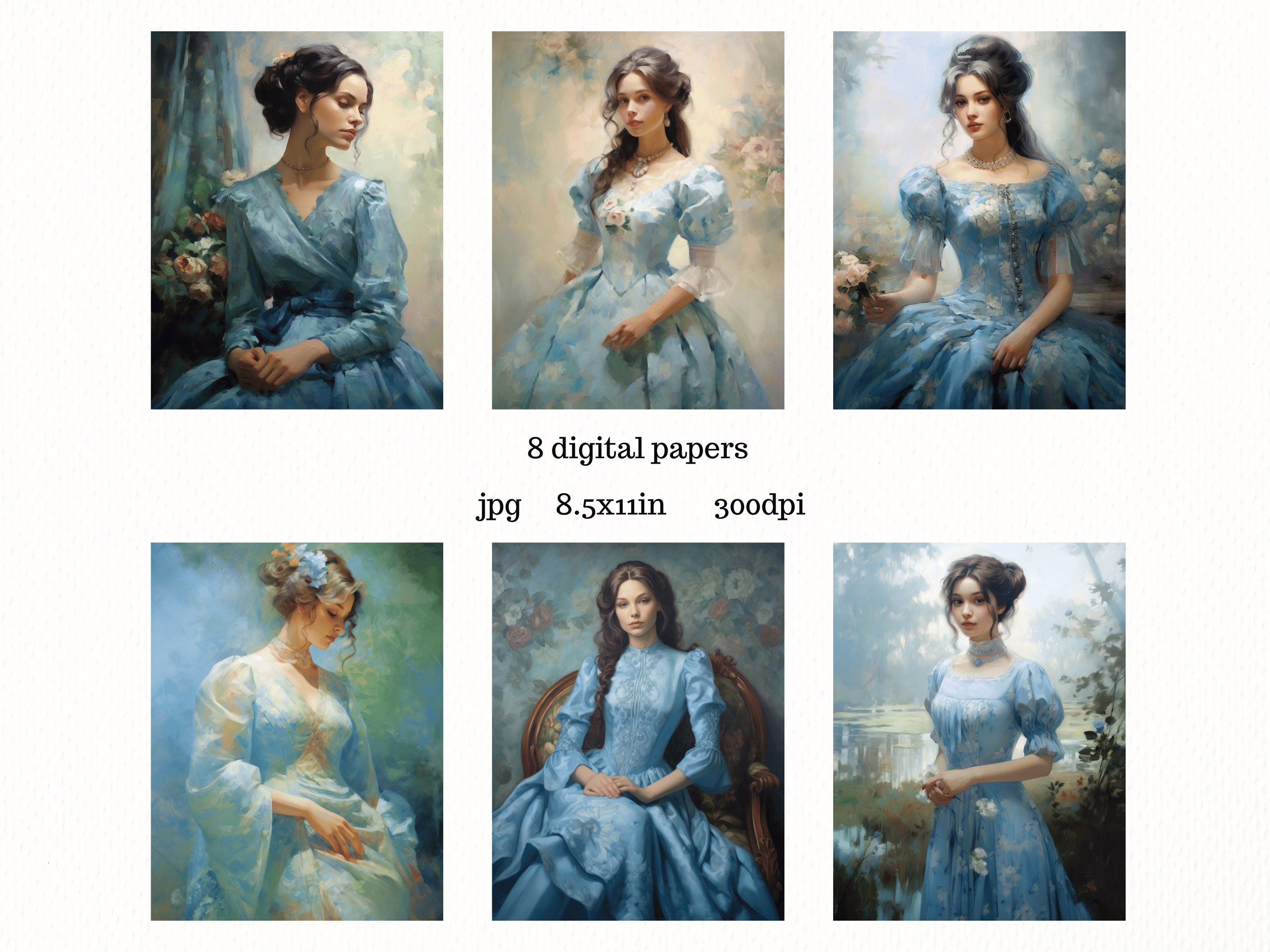 Victorian Woman in Blue Floral Digital Paper Journaling Papers ...