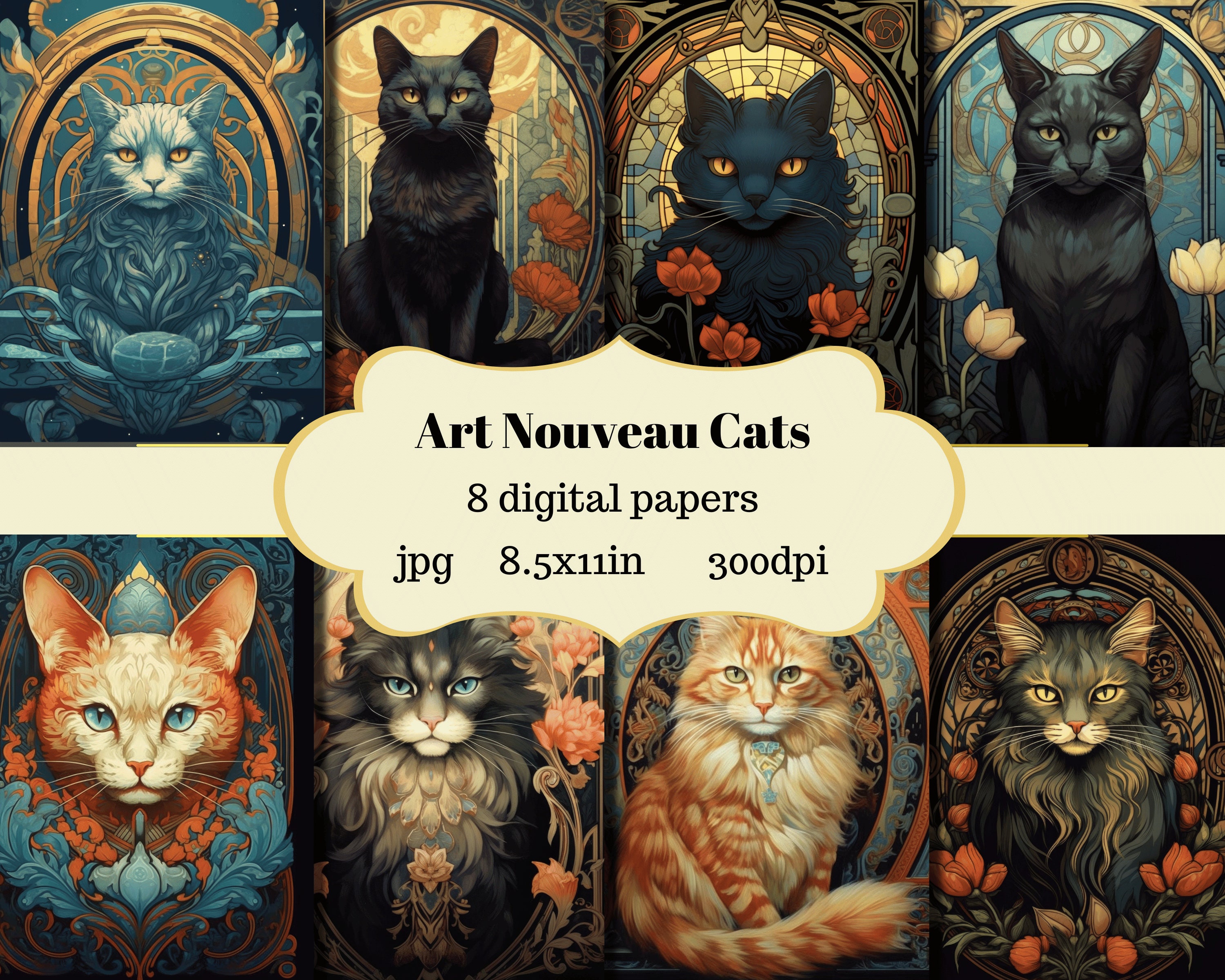 Art Nouveau Cats Digital Paper - Journaling Papers - Printable ...