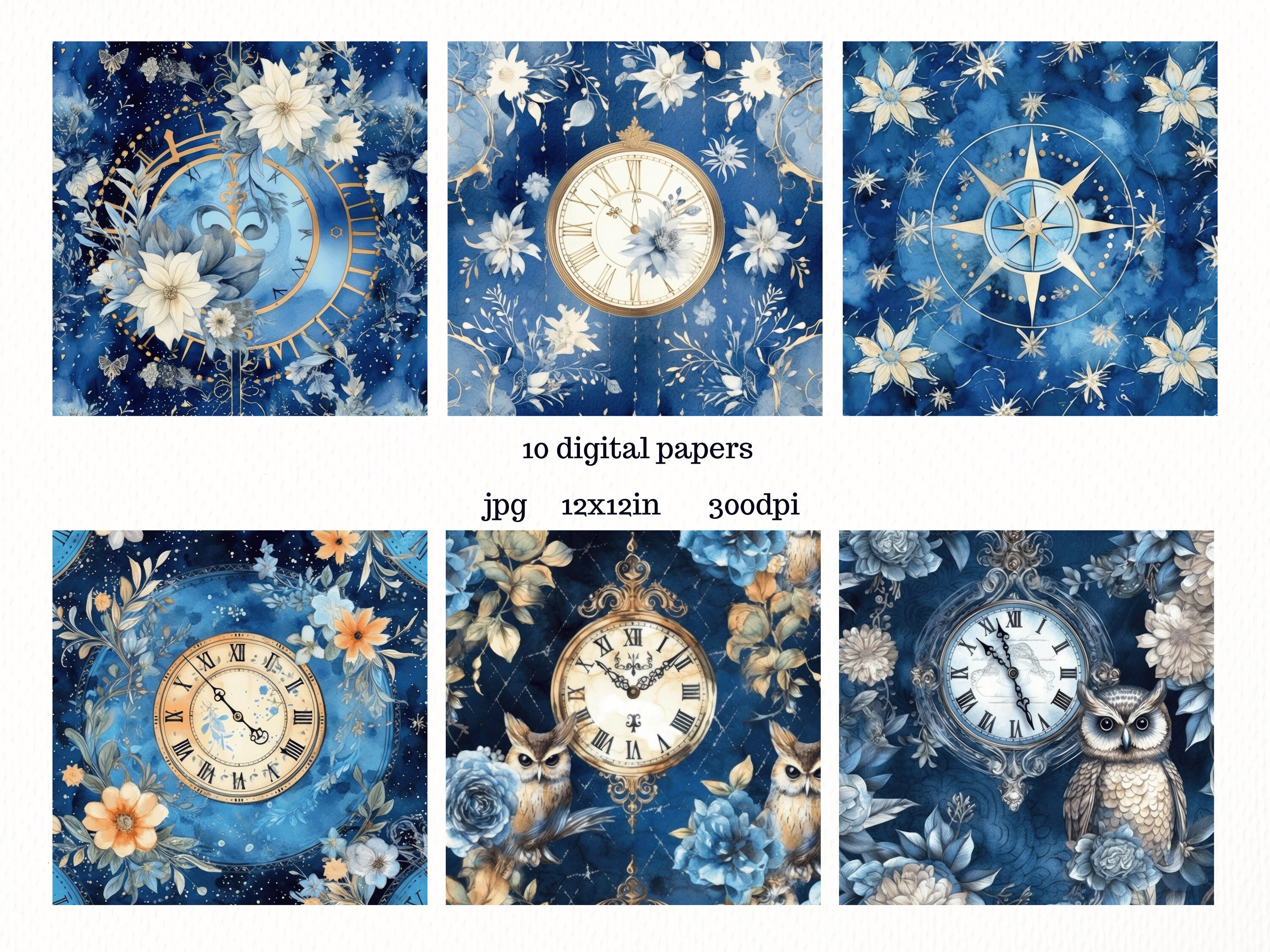 Magical Clock Floral Digital Paper - Magical Blue Background - Blue ...