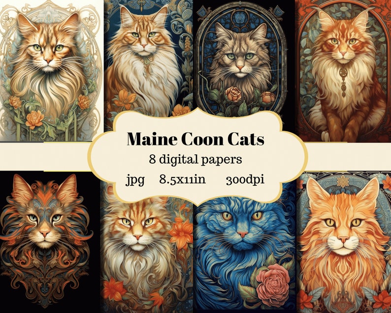 Art Nouveau Maine Coon Cats Digital Paper - Journaling Papers ...
