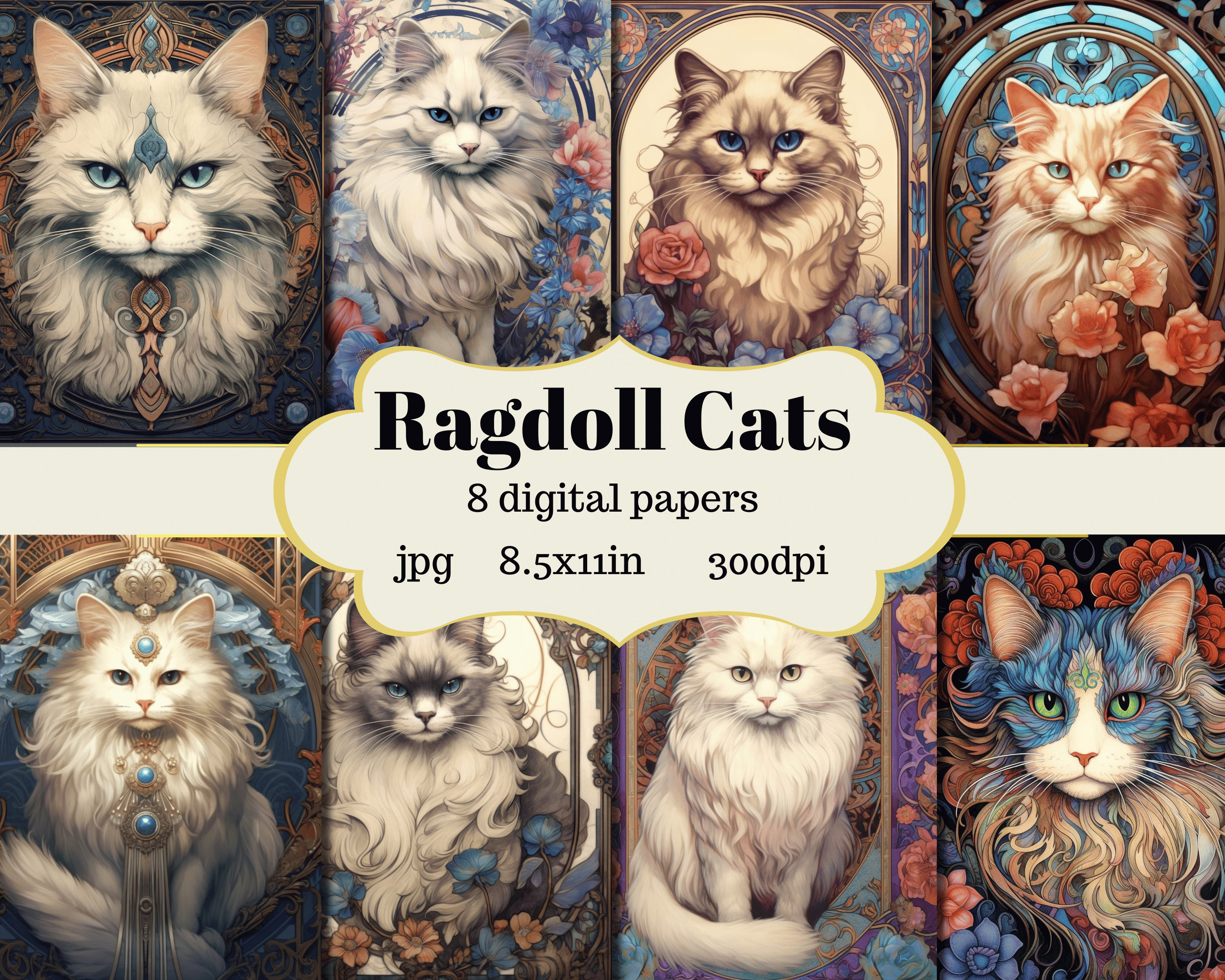 Art Nouveau Ragdoll Cats Digital Paper Journaling Papers Printable ...