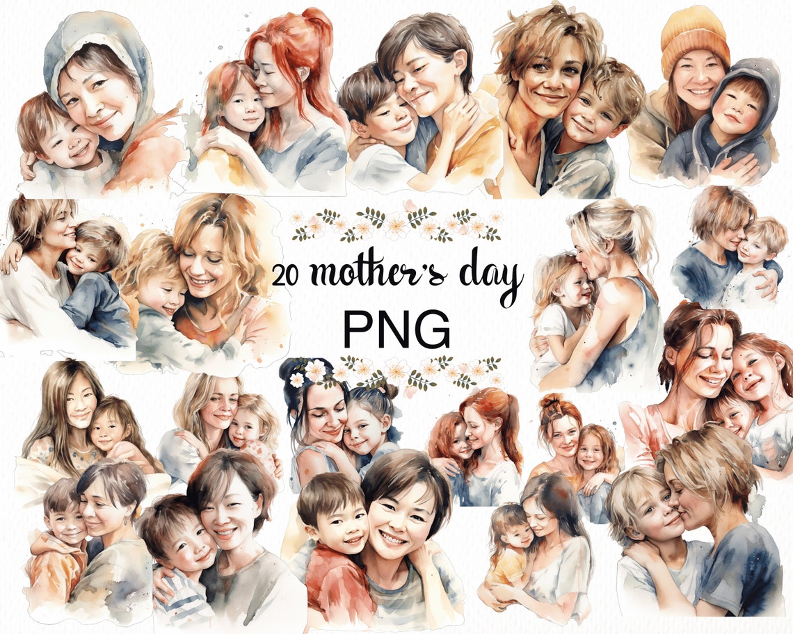 Mother's Day Watercolor Clipart Mother With Kids Clipart - Etsy