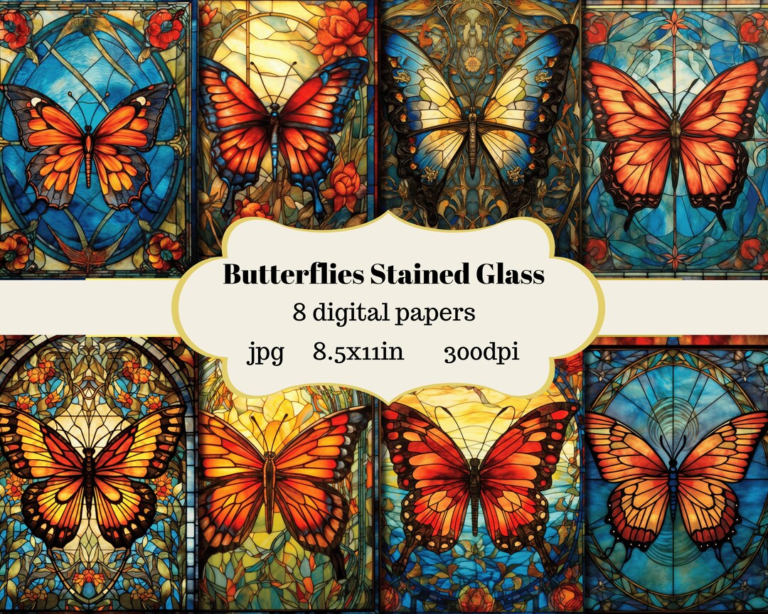 Butterfly Stained Glass Digital Paper, Craft Paper, Journaling Papers ...