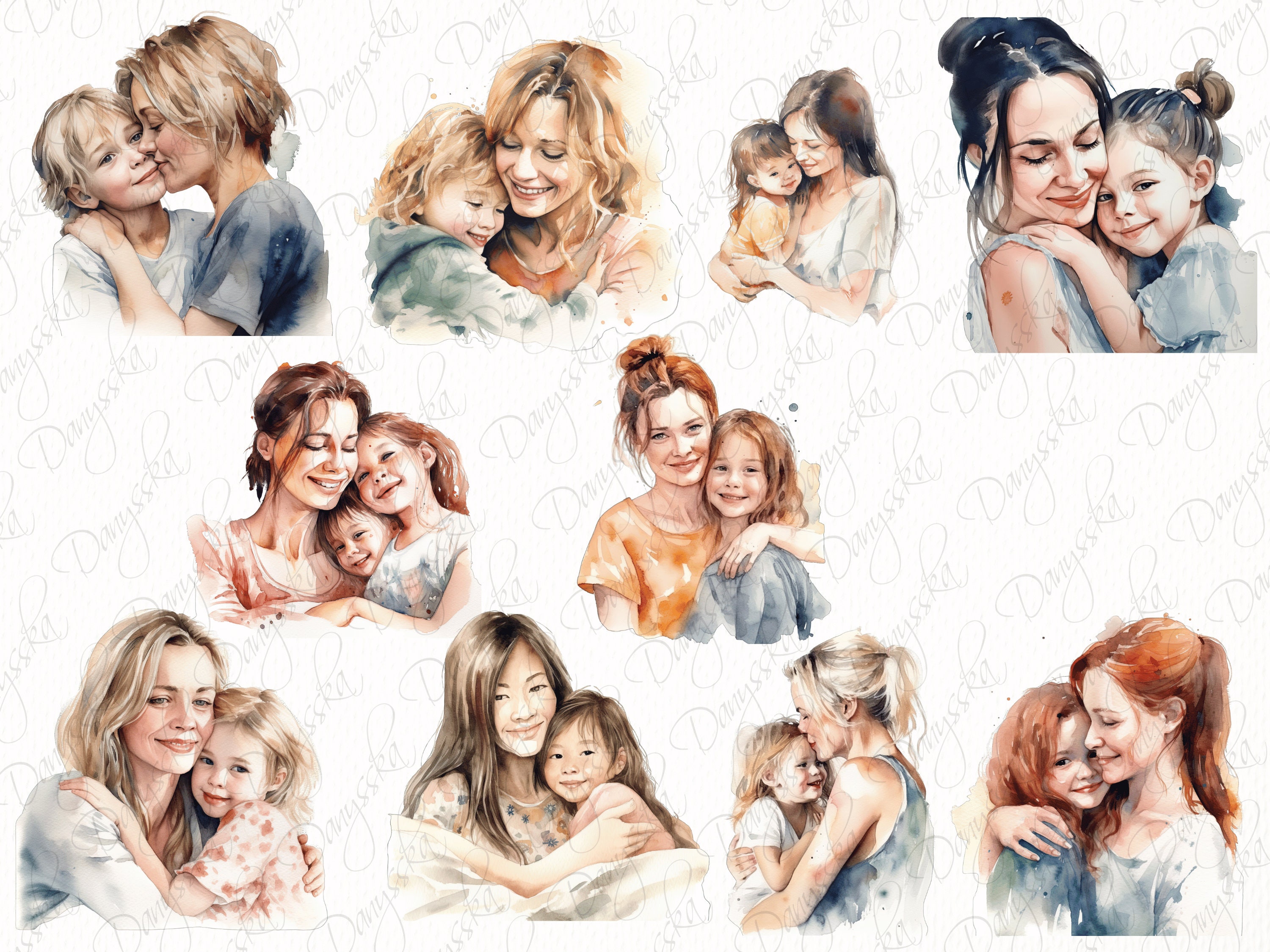 Mother's Day Watercolor Clipart Mother With Kids Clipart Mother Clipart ...