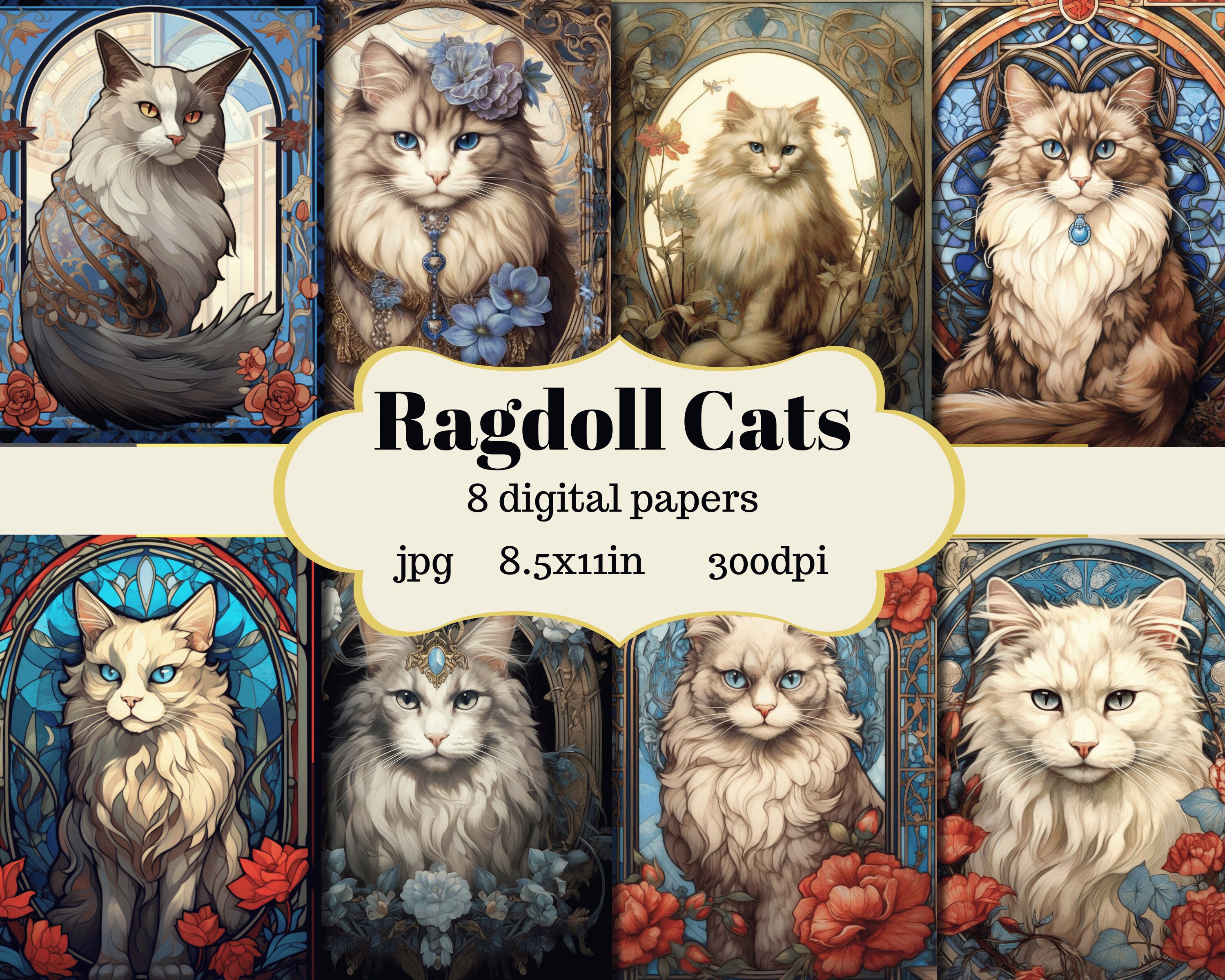 Art Nouveau Ragdoll Cats Digital Paper Journaling Papers Printable ...