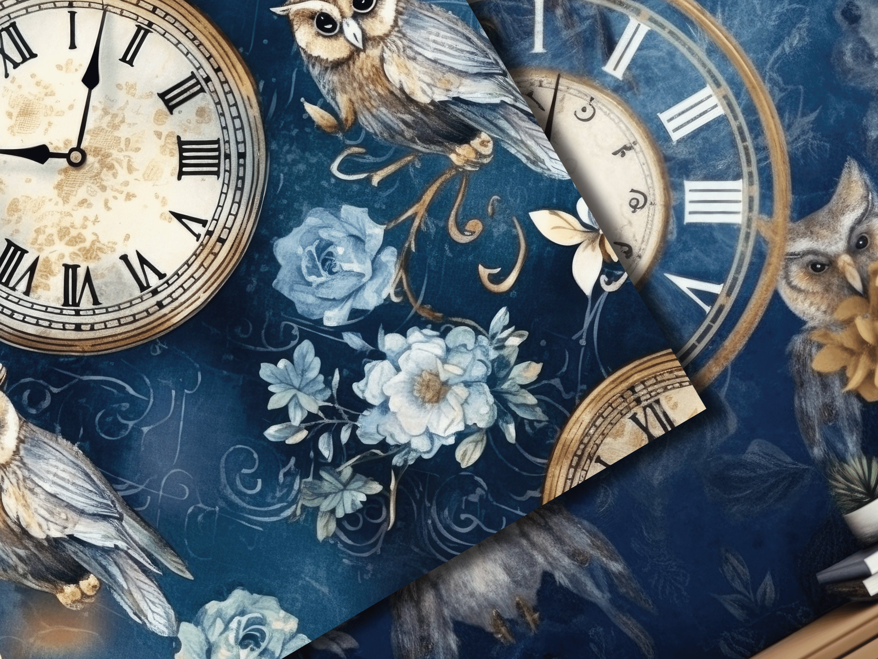 Magical Clock Floral Digital Paper - Magical Blue Background - Blue ...