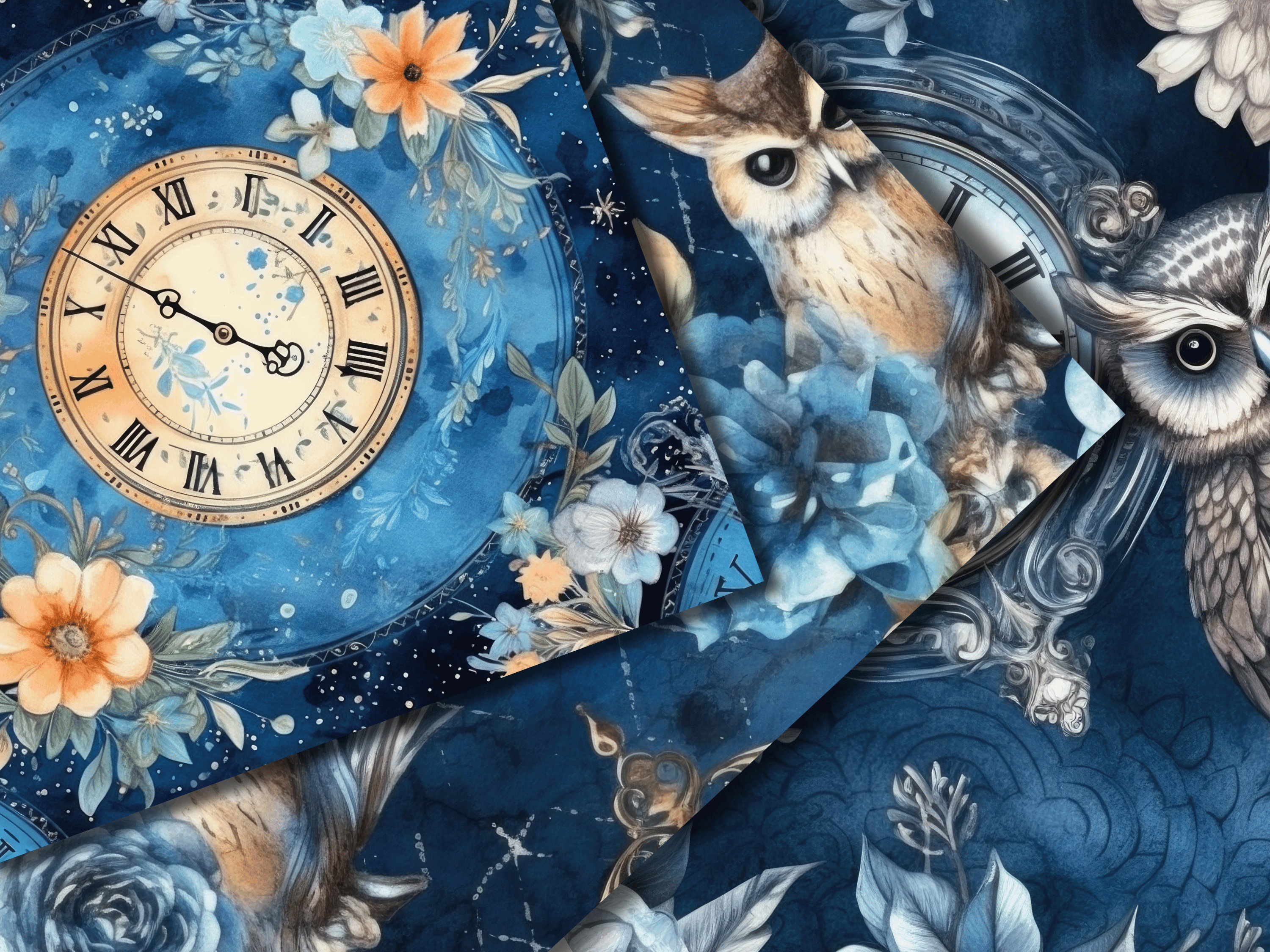 Magical Clock Floral Digital Paper - Magical Blue Background - Blue ...