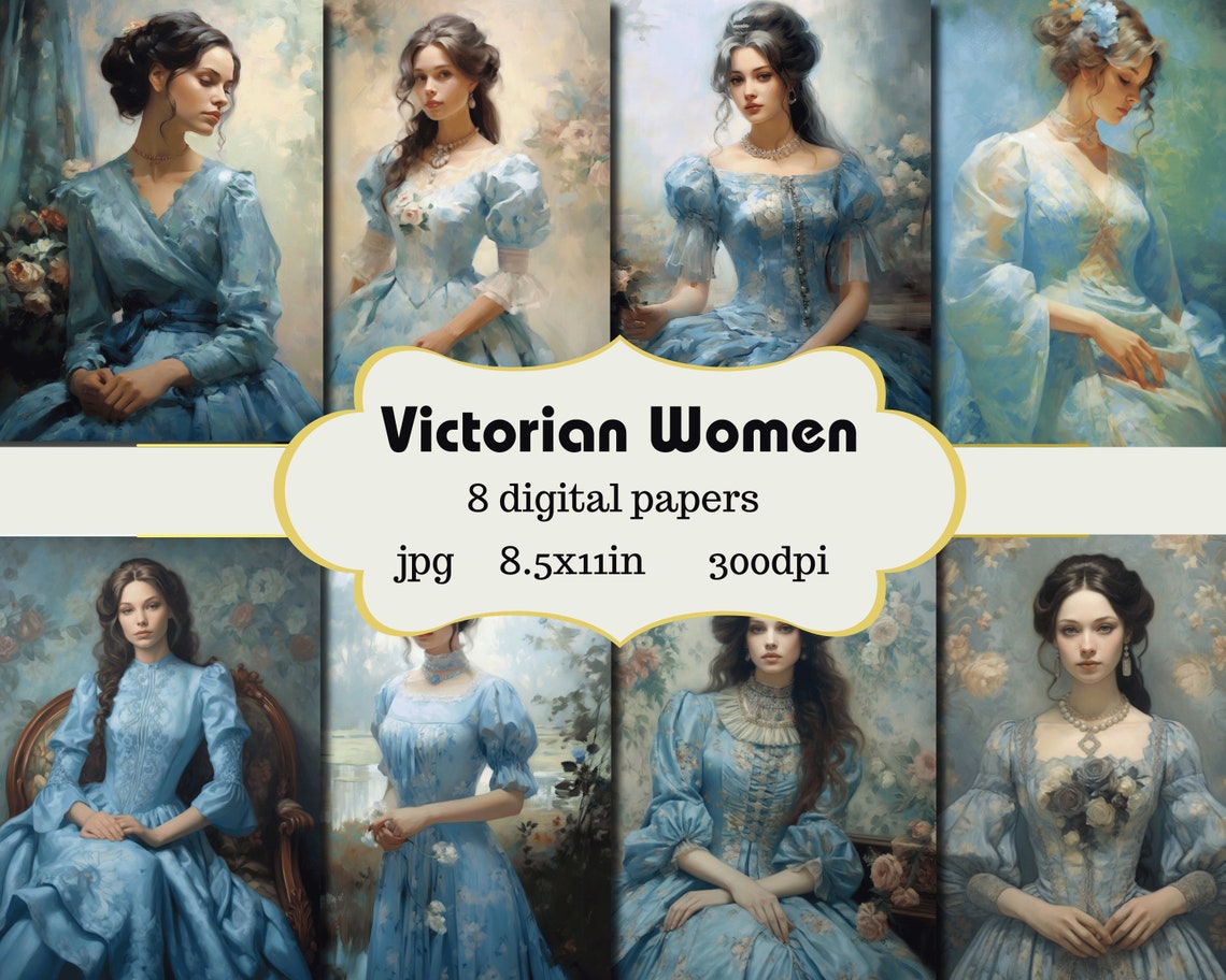 Victorian Woman in Blue Floral Digital Paper Journaling Papers ...