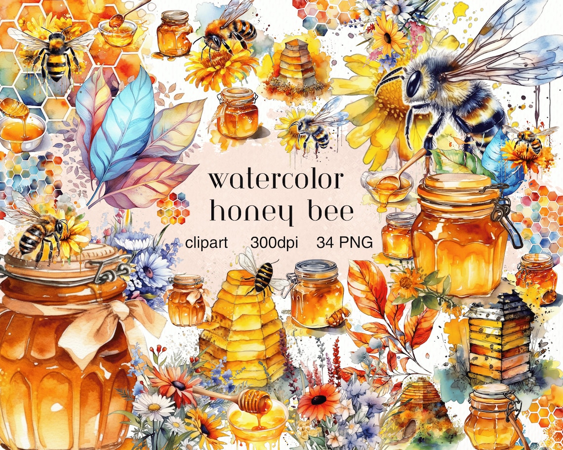 Watercolor Honey Bee Clipart Bees and Flowers Watercolor - Etsy