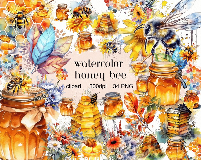 Watercolor Honey Bee Clipart, Bees and Flowers, Watercolor Bee ...