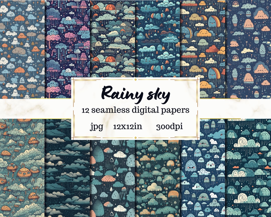 Playful Rainy Sky Seamless Digital Papers - Printable Paper - Digital ...