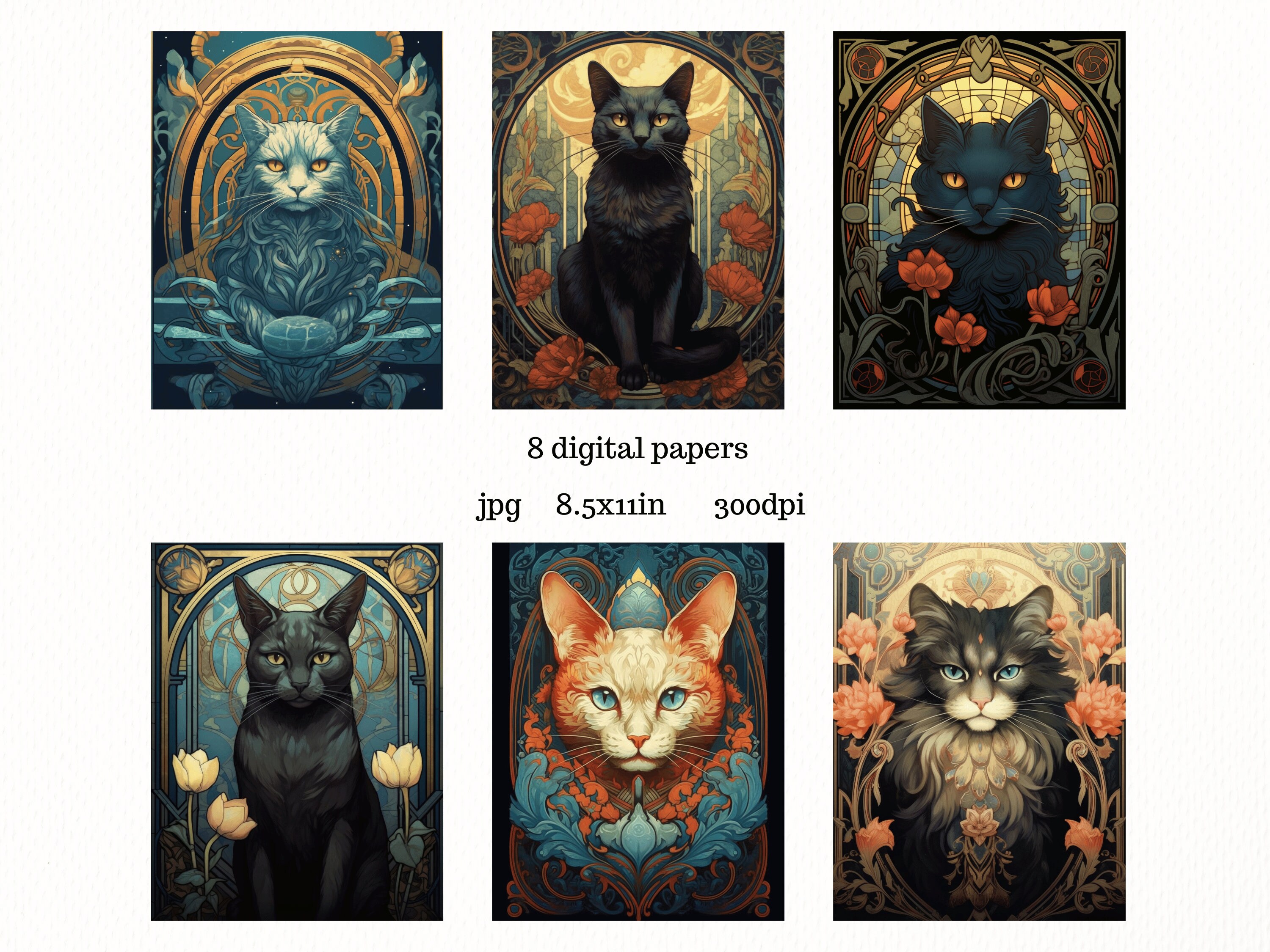 Art Nouveau Cats Digital Paper - Journaling Papers - Printable ...