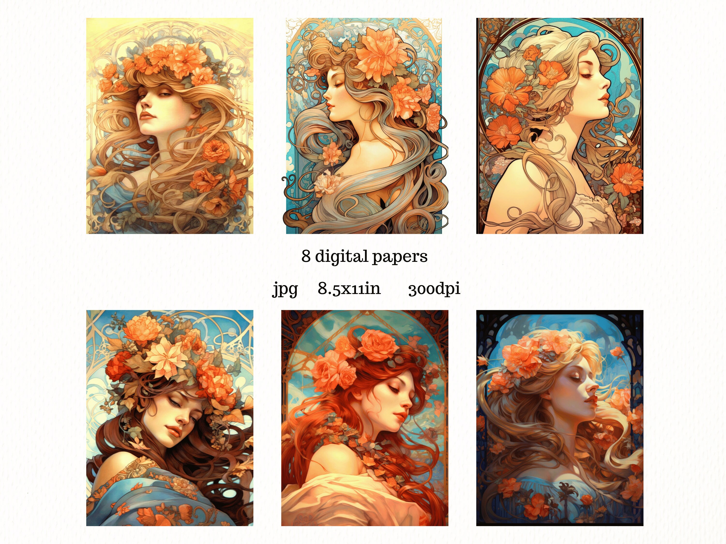 Alphonse Mucha Inspired Art Nouveau Digital Paper, Craft Paper ...
