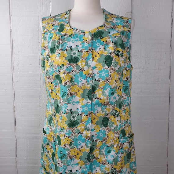Green Yellow Floral Dress 80s Flower Pattern Vintage … - Gem