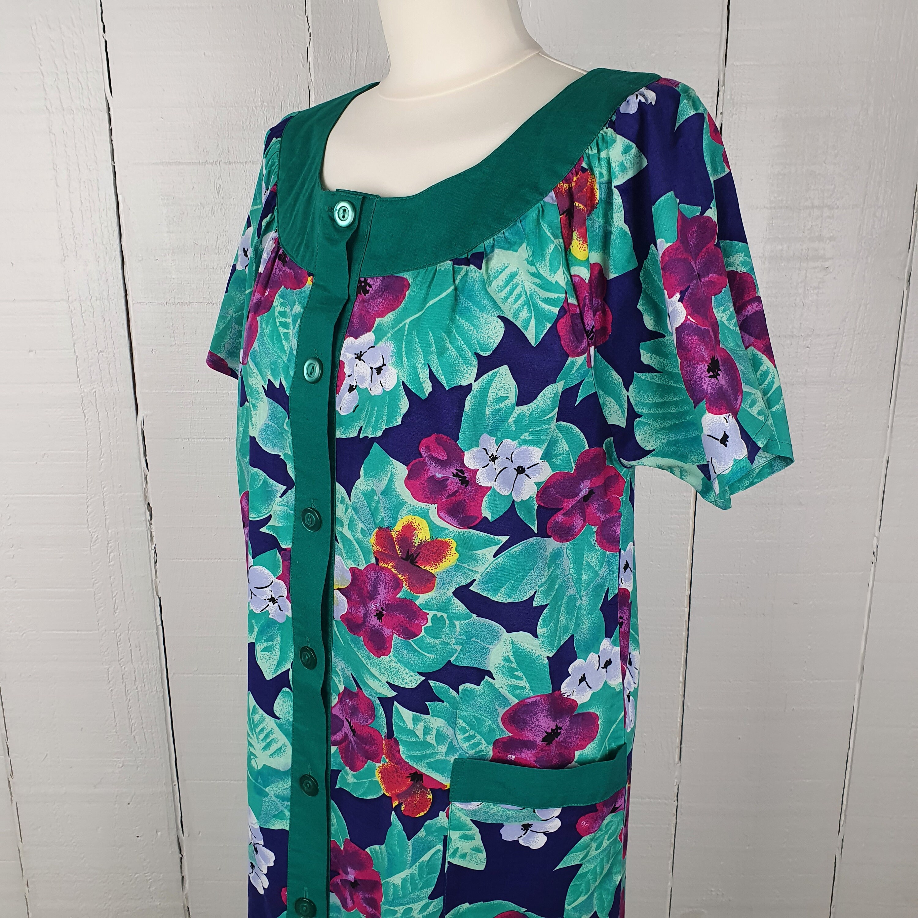 French Dress Floral 80s Size M 1980s Straight Flowery Cotton Housecoat ...