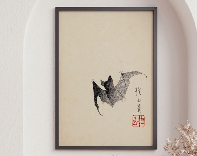 Japanese Bat Painting, Full Moon Art Print, Biho Takashi, Antique ...