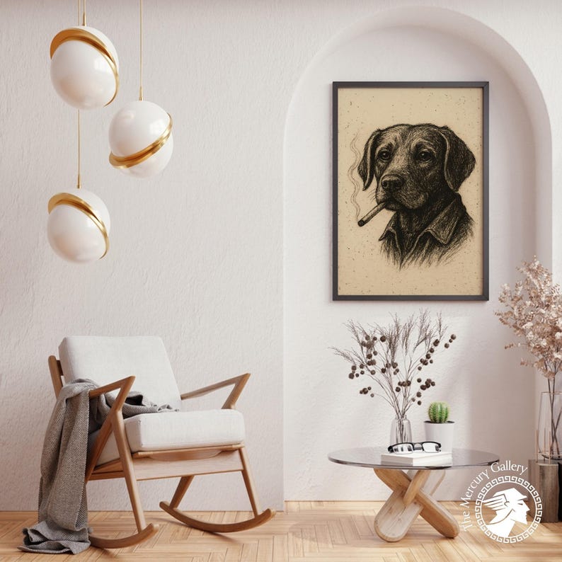 Smoking Dog Poster – Gritty Pencil Drawing Animal Wall Art for ...