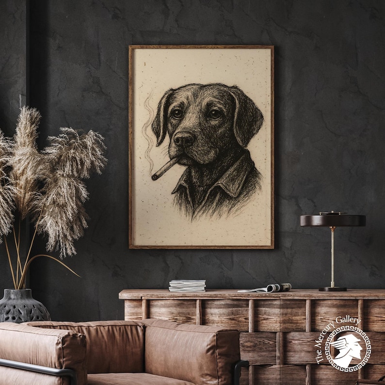 Smoking Dog Poster – Gritty Pencil Drawing Animal Wall Art for ...