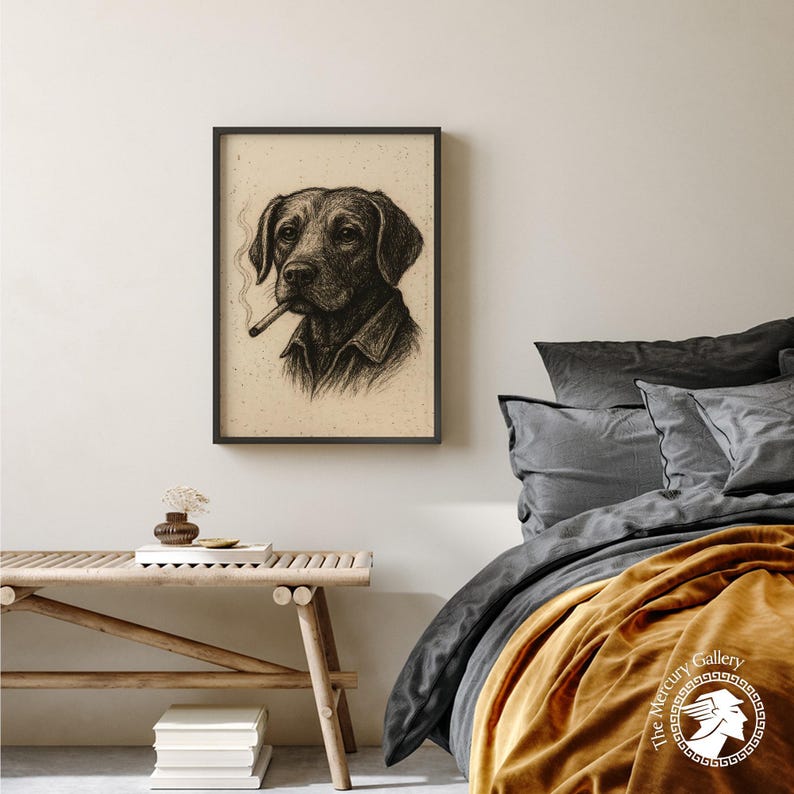 Smoking Dog Poster – Gritty Pencil Drawing Animal Wall Art for ...