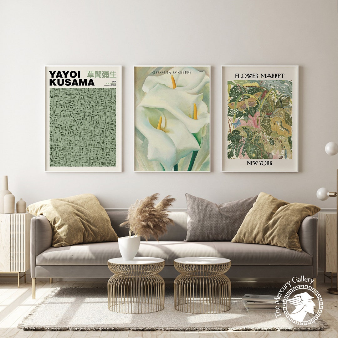 Set of 3 Green Wall Prints, Green Botanical Prints, Kusama, Flower ...