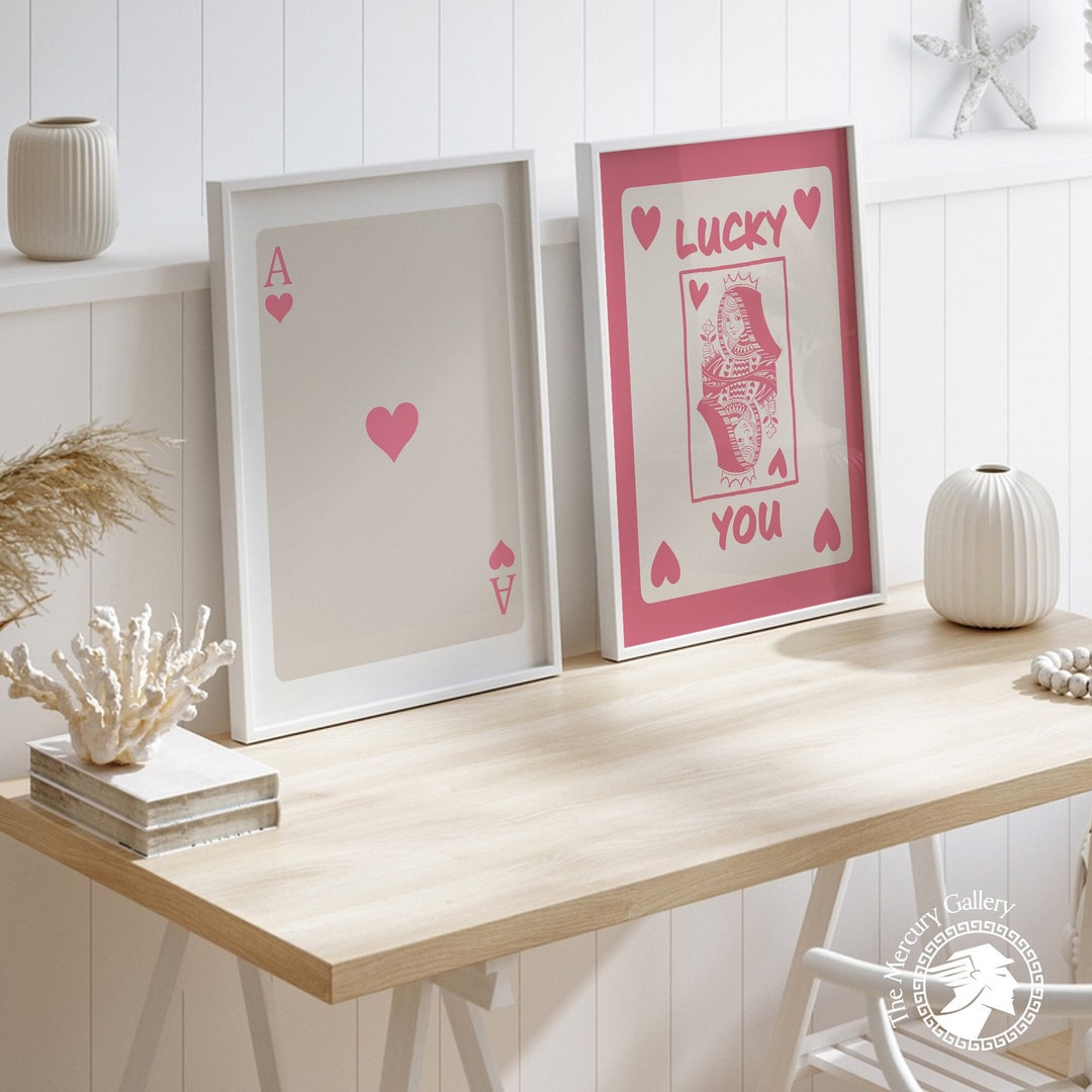 Pink Ace Card Poster, Lucky You Print Set of 2, Retro Trendy Aesthetic ...