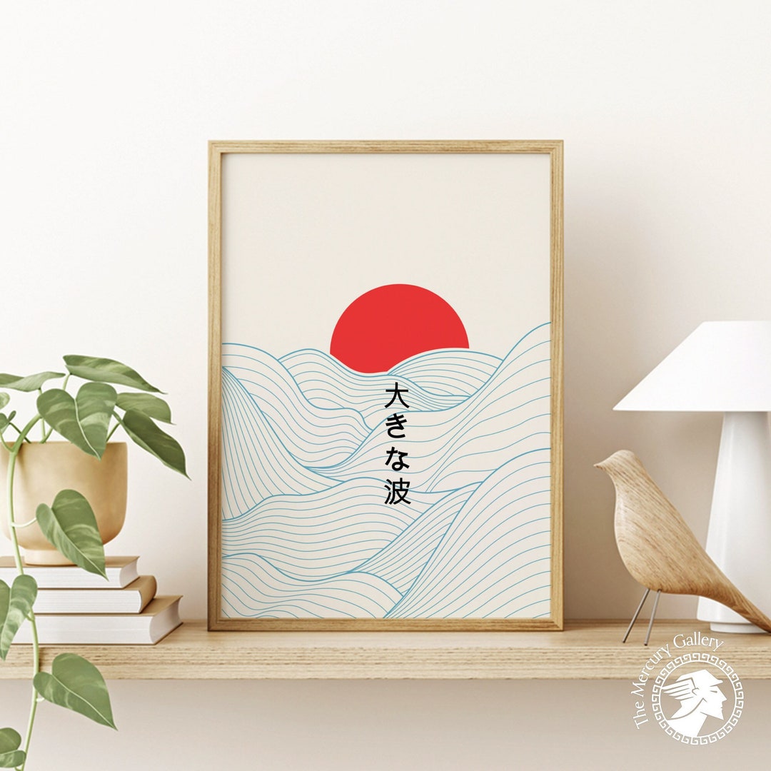 Japanese Sunset Print, Ocean Sunset Poster, Waves Line Art Print ...