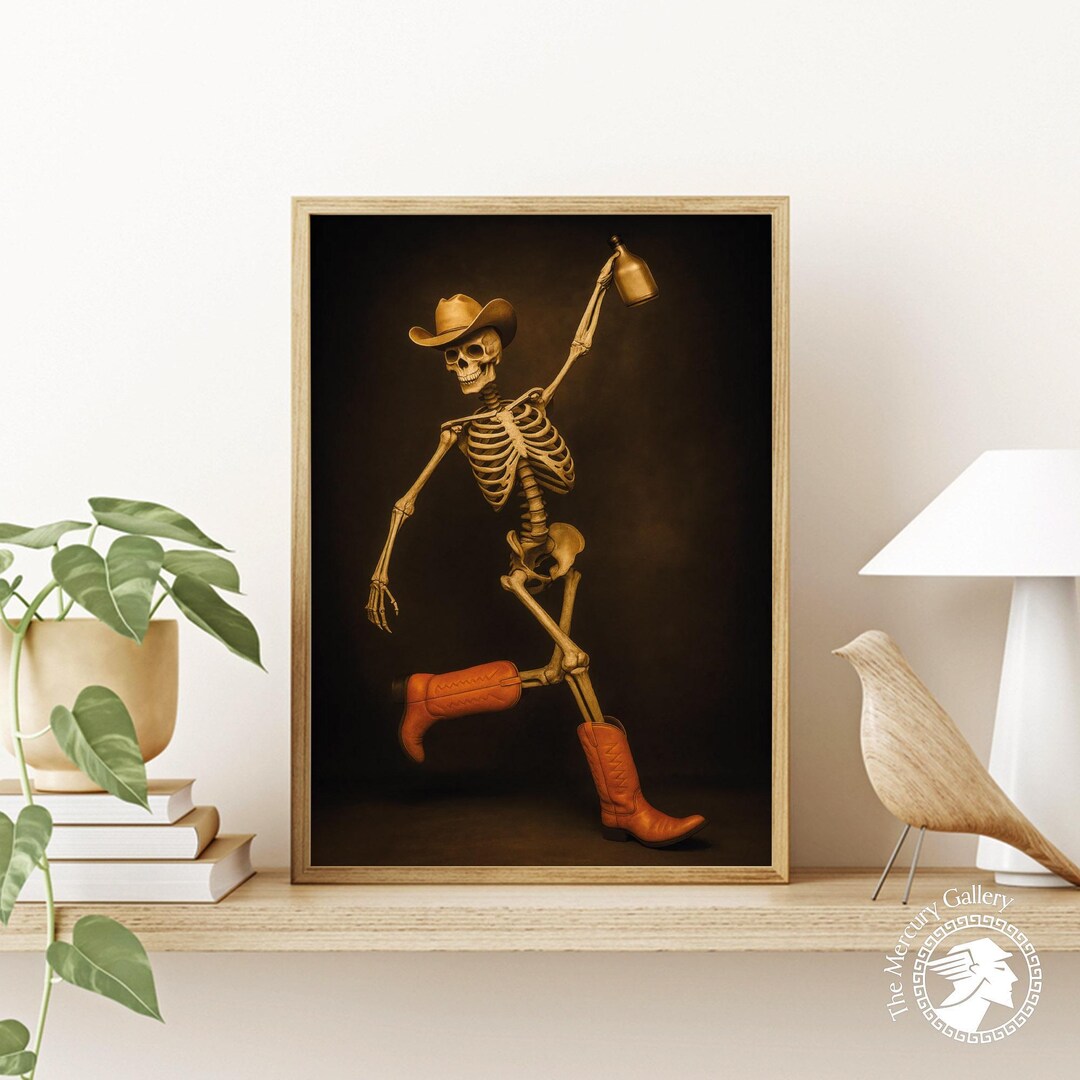 Dancing Skeleton Cowboy Art Print, Western Saloon Decor - Etsy