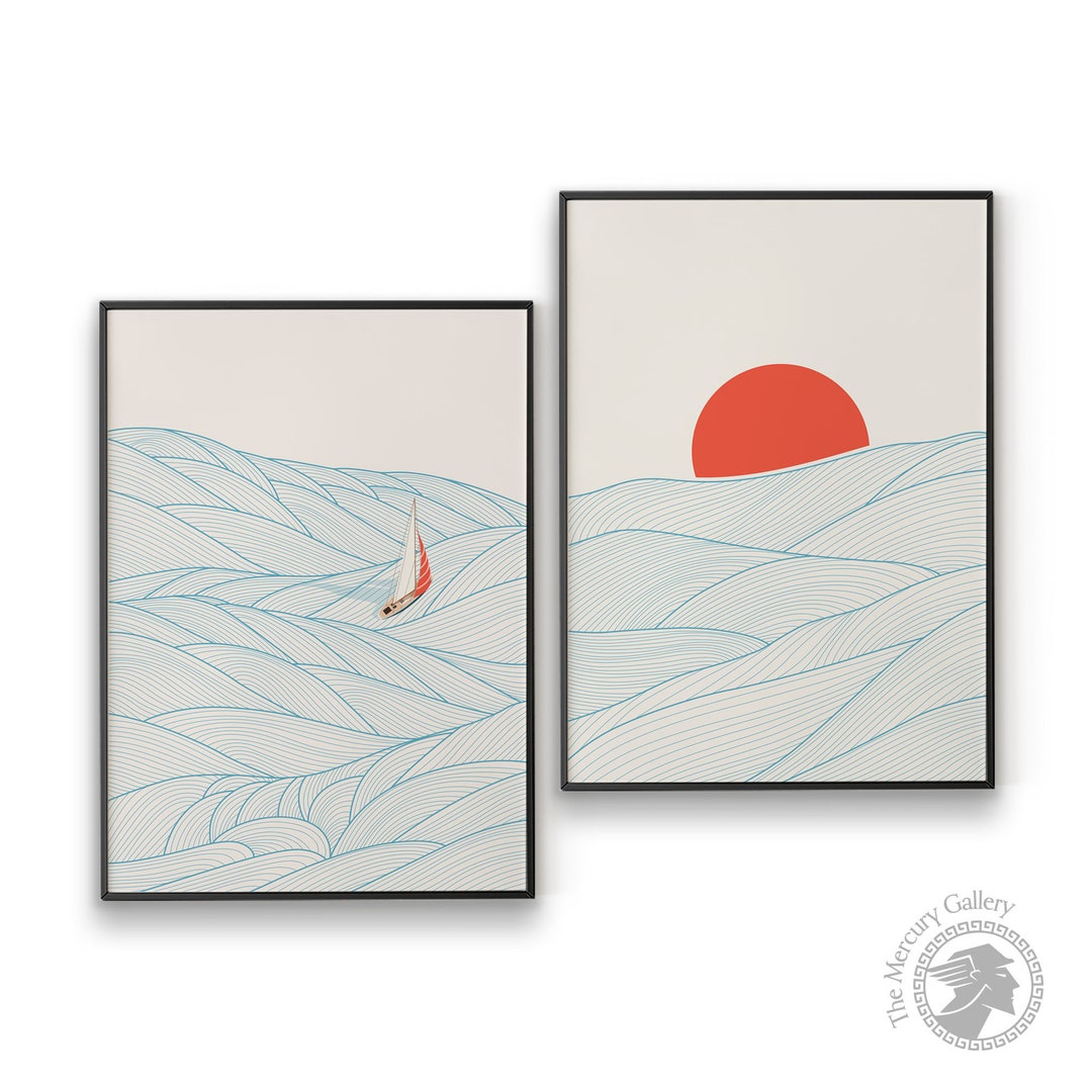 Sunset Sailboat on the Sea Poster Set of 2, Japanese Ocean Art Print ...