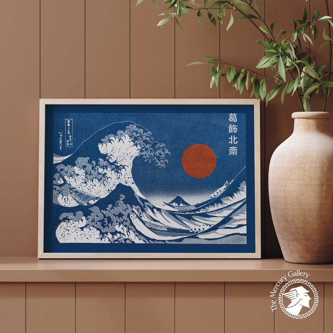 The Great Wave off Kanagawa Big Wave Navy Blue Print, Ocean Sea Themed ...