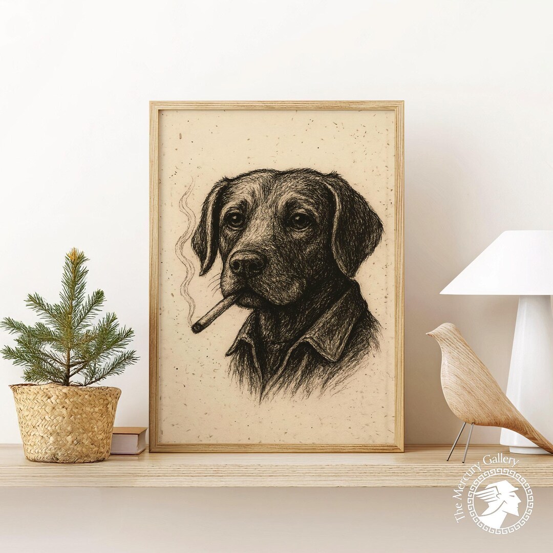 Smoking Dog Poster – Gritty Pencil Drawing Animal Wall Art for ...