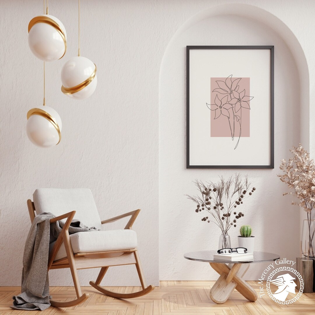 Fine Line Flower Drawing, Blush-black, Continuous Line Art, Modern Leaf ...