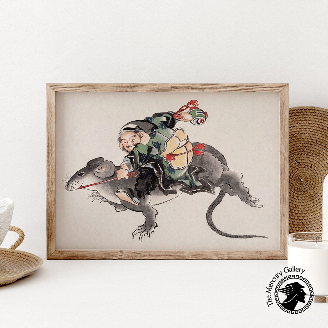 Hokusai Art Print, Japanese Daikokuten Riding a Large Rat, Japan Wall ...